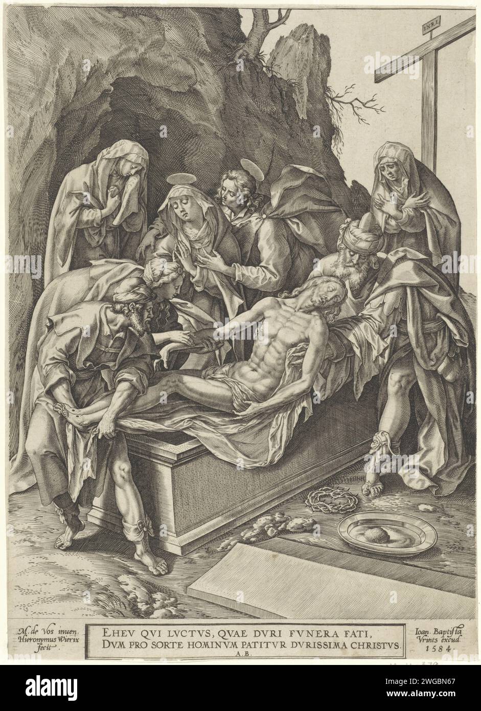 Grave of Christ, Hieronymus Wierix, After Maerten de Vos, 1584 print Christ is placed in the ...