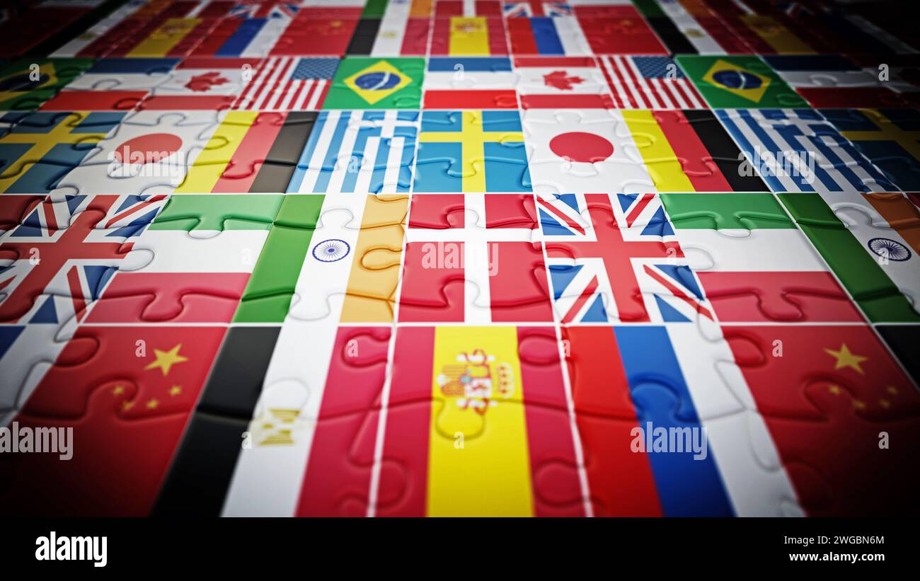 Country flags on jigsaw puzzle pieces. 3D illustration Stock Photo - Alamy