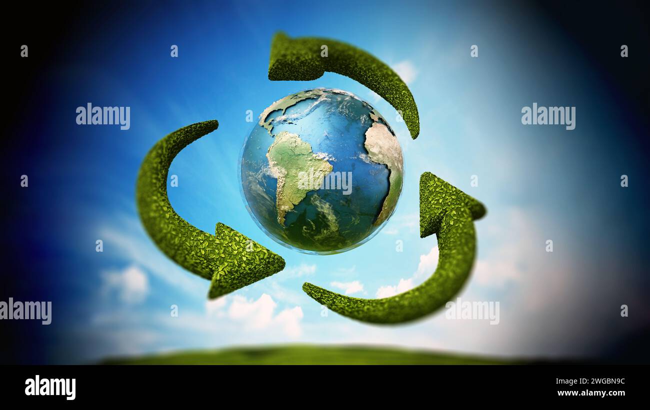 Turning green arrows around the earth form recycling symbol. 3D ...