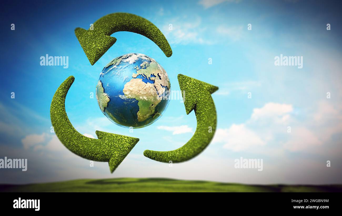 Turning green arrows around the earth form recycling symbol. 3D ...