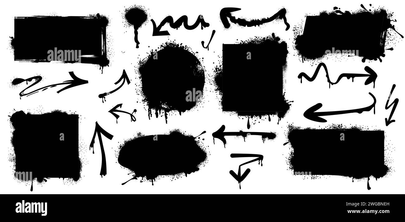 Black spray paint frames, arrows and drips. Graffiti borders in shape ...