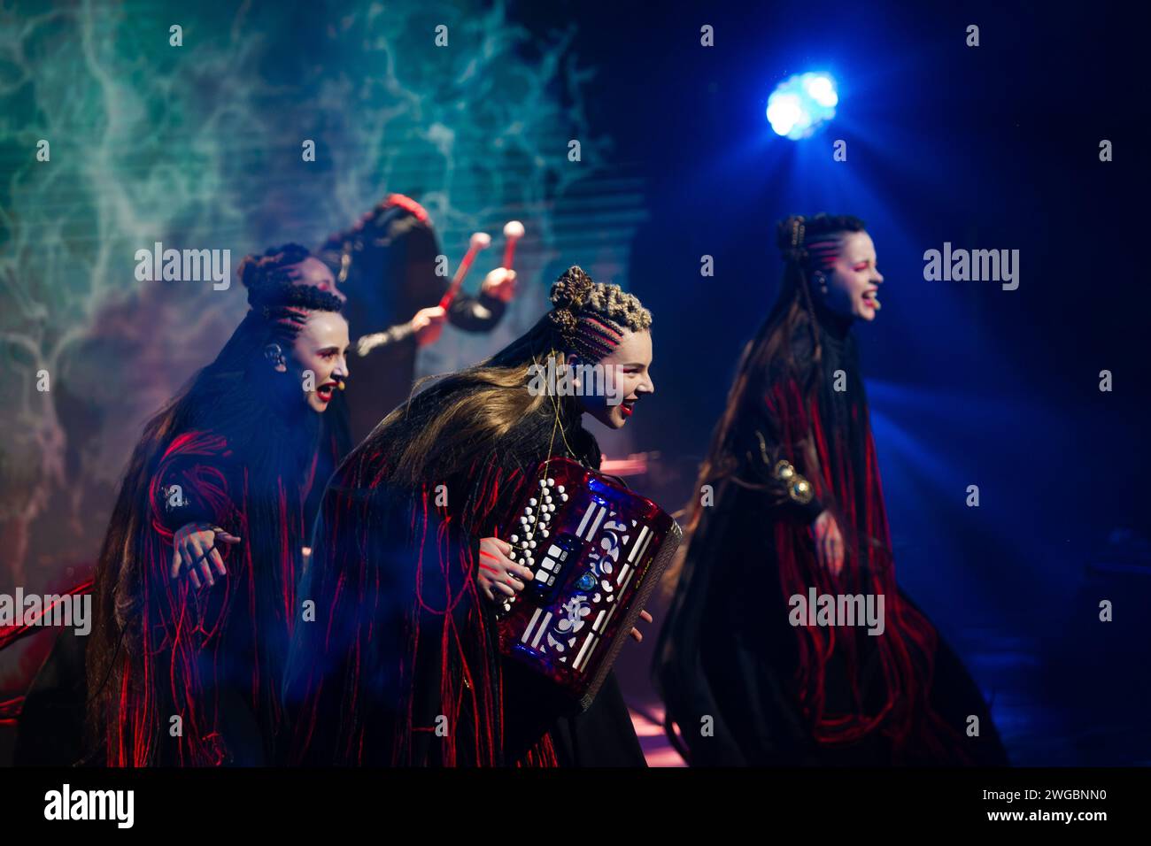 KYIV, UKRAINE - FEBRUARY 2, 2024 - Members of the Yagody band present ...