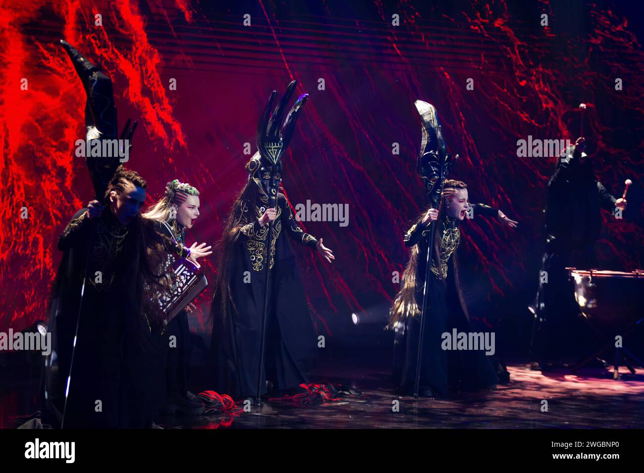 KYIV, UKRAINE - FEBRUARY 2, 2024 - Members of the Yagody band present ...