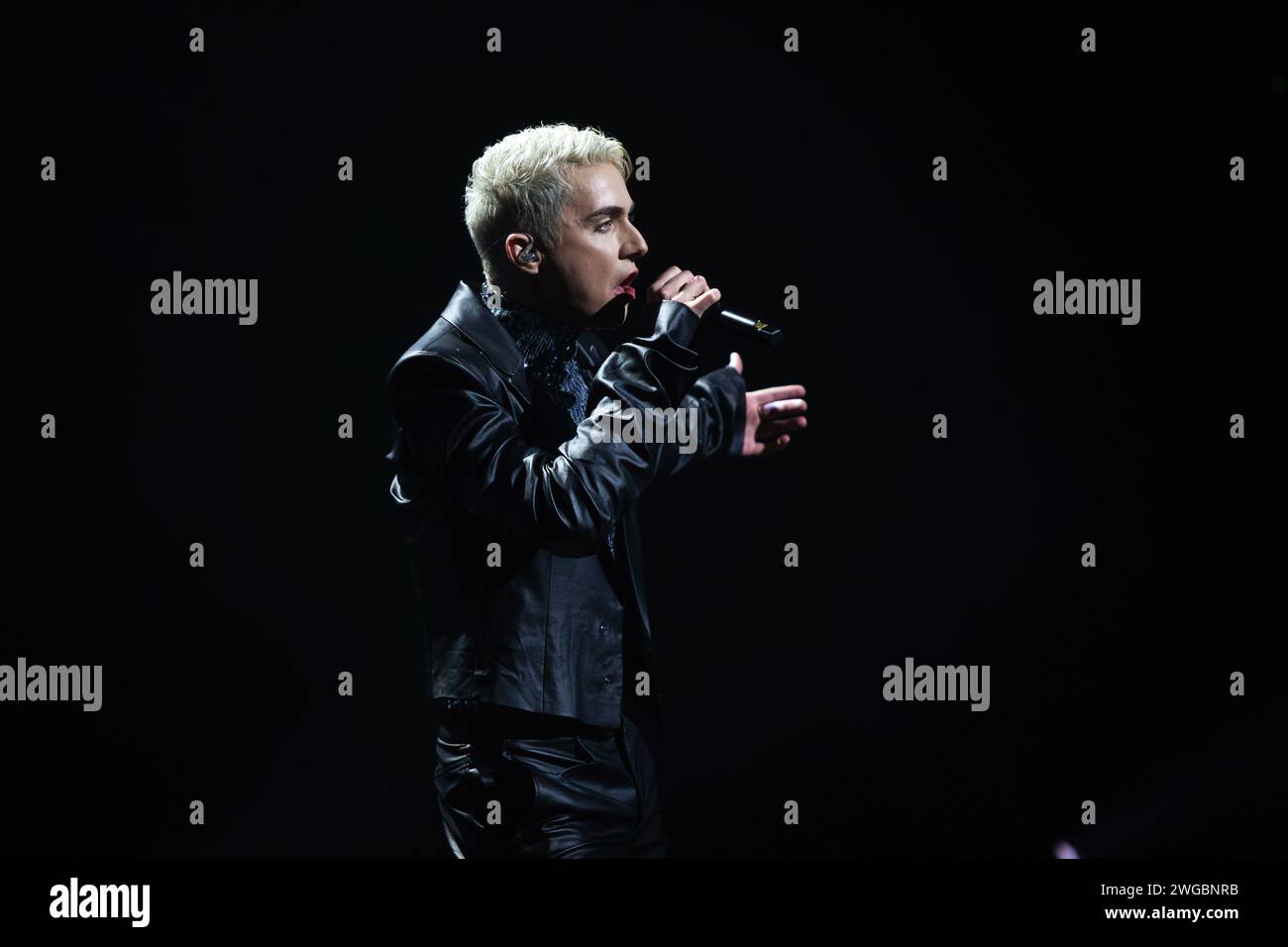 KYIV, UKRAINE - FEBRUARY 2, 2024 - Melovin performs his song, Dreamer, during the final of the ...