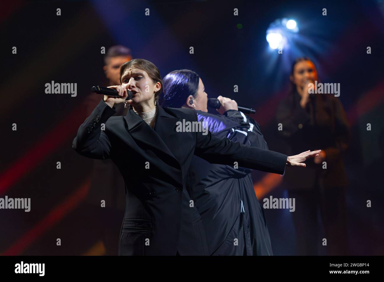 KYIV, UKRAINE - FEBRUARY 2, 2024 - Singers Jerry Heil (L) and Alyona ...