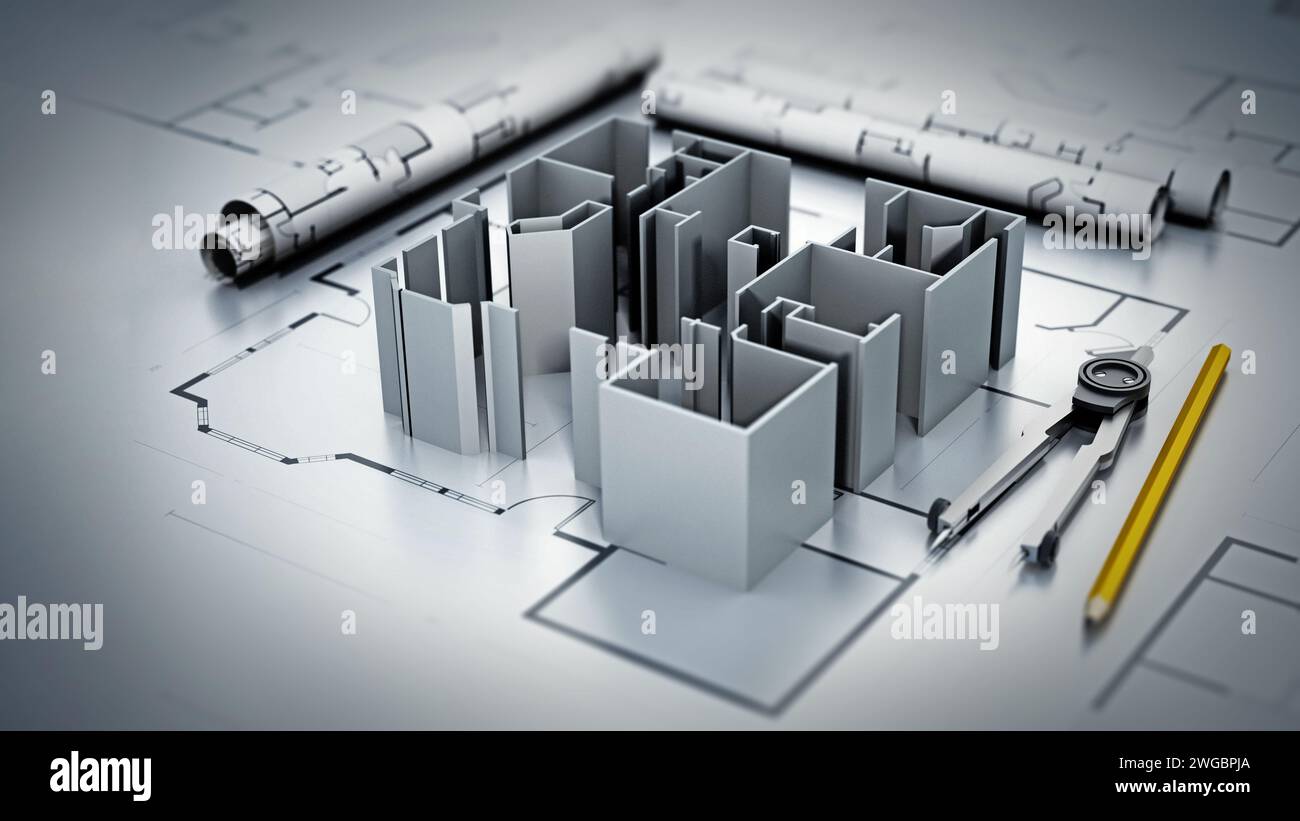 Architectural plans, house model, pencil and compasses. 3D illustration ...