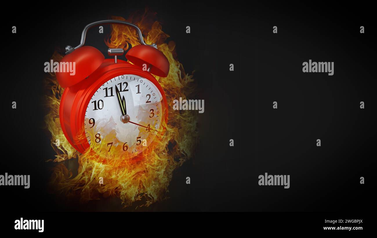 Red alarm clock on fire. 3D illustration Stock Photo - Alamy