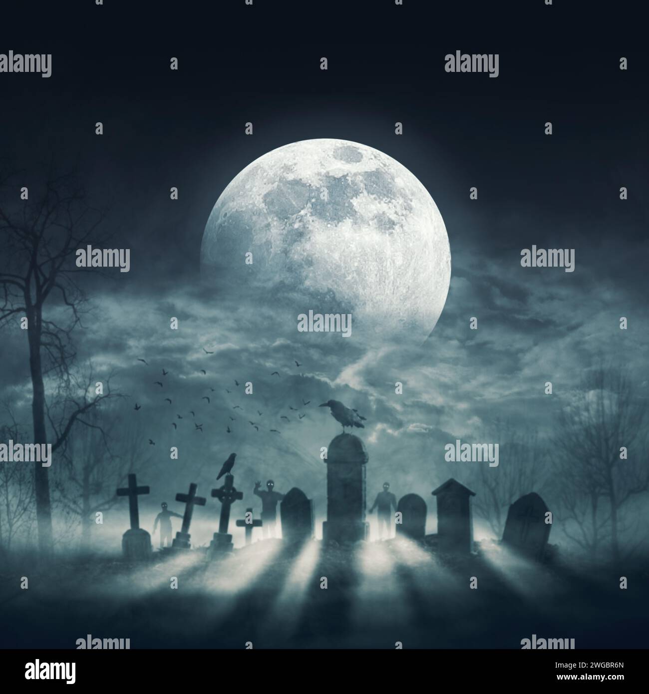Zombies walking in the creepy cemetery at night and big full moon in ...