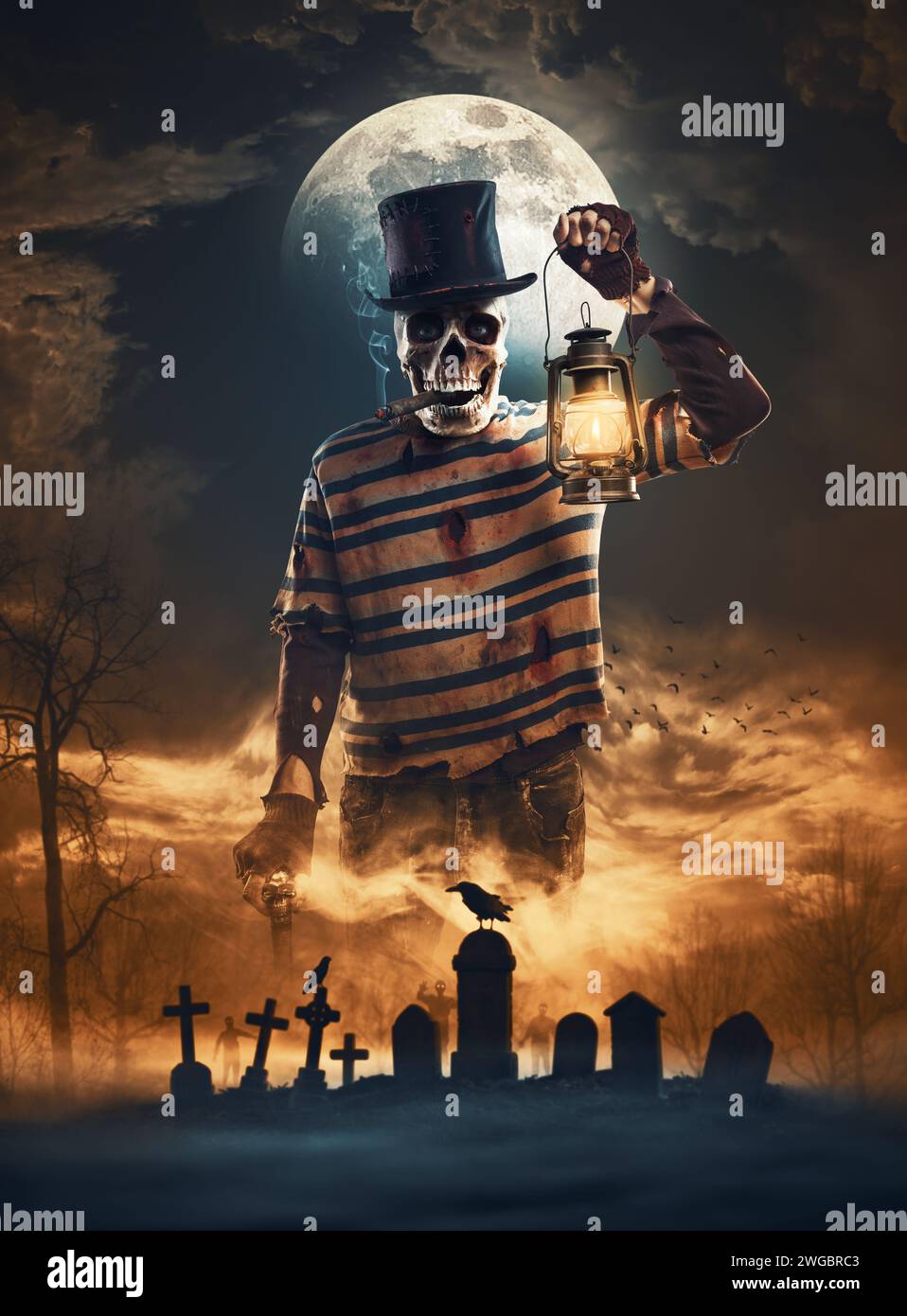 Monster holding a lantern and creepy graveyard at night, Halloween and ...