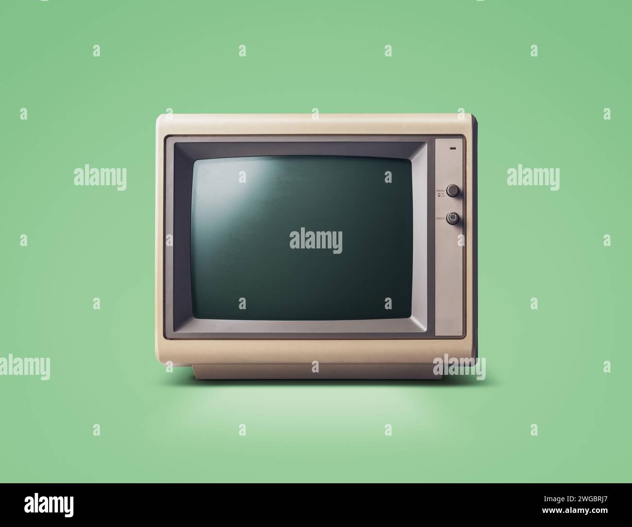 Vintage computer monitor with black screen, outdated technology concept ...