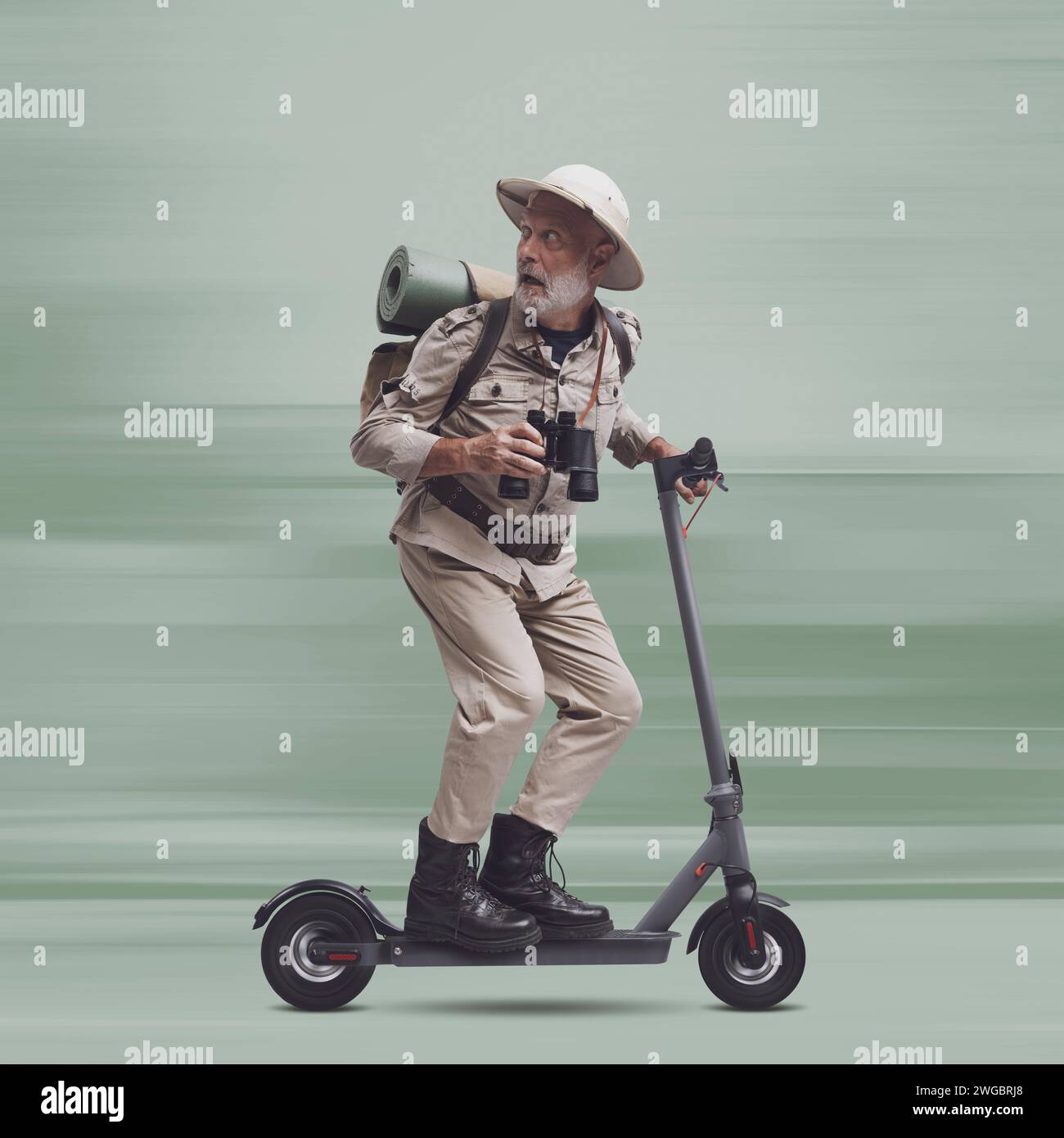 Funny scared explorer being chased by a monster, he is riding an ...