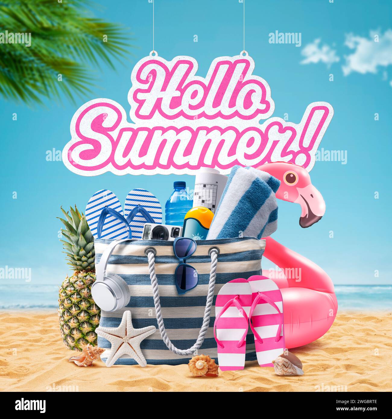 Beach bag with accessories and cute inflatable flamingo on a tropical ...