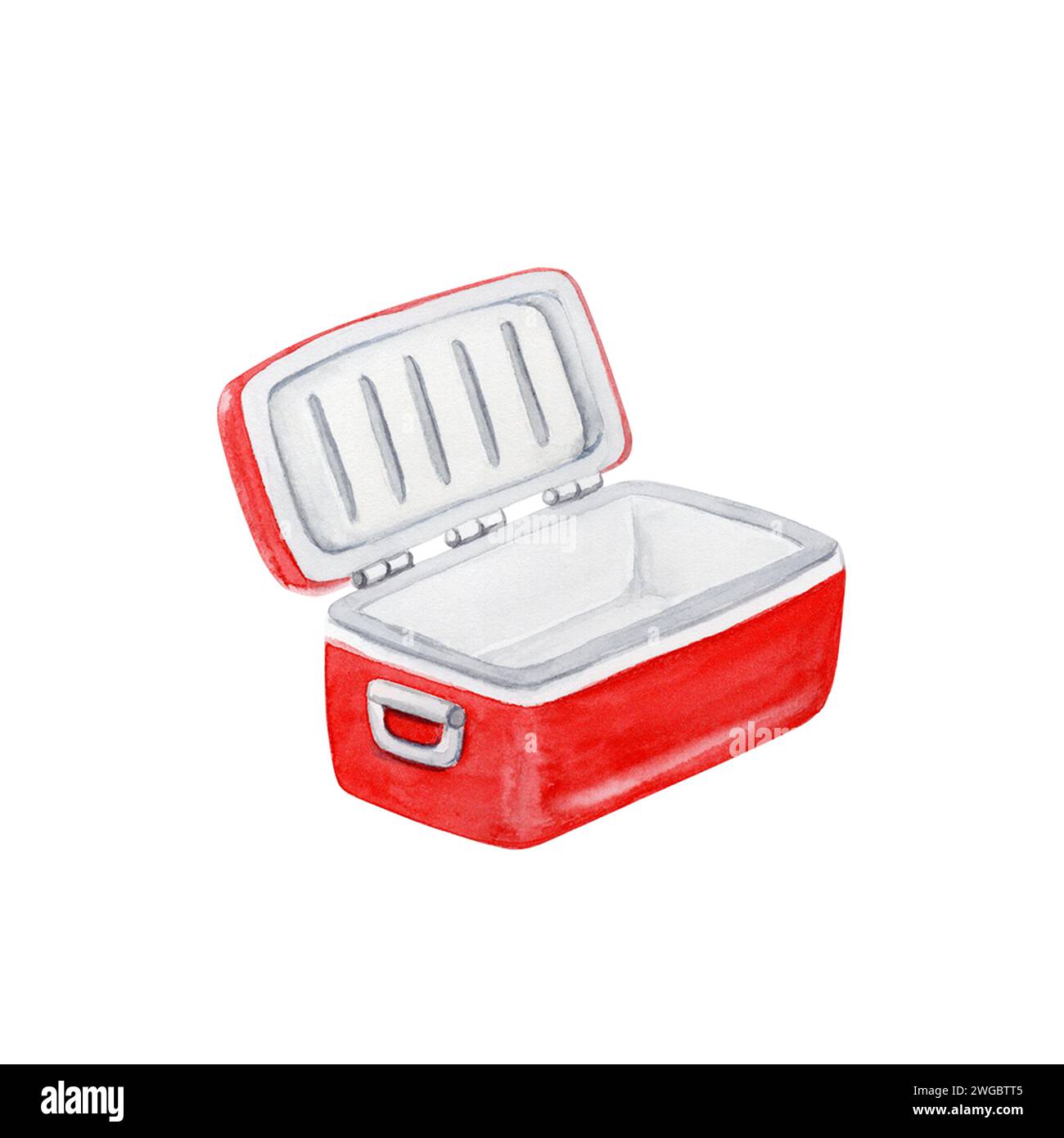 Red empty plastic cooler box with an open lid. Hand drawn element for ...