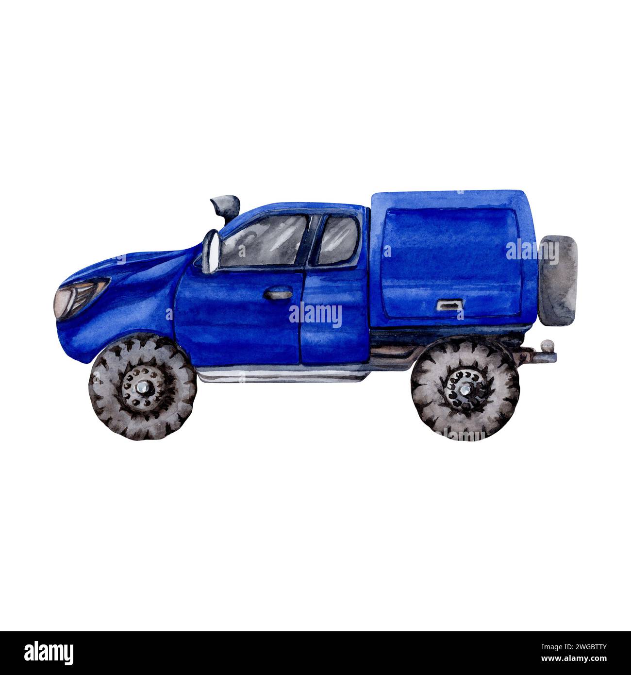 Side view blue car with canopy. Watercolor illustration for adventure ...