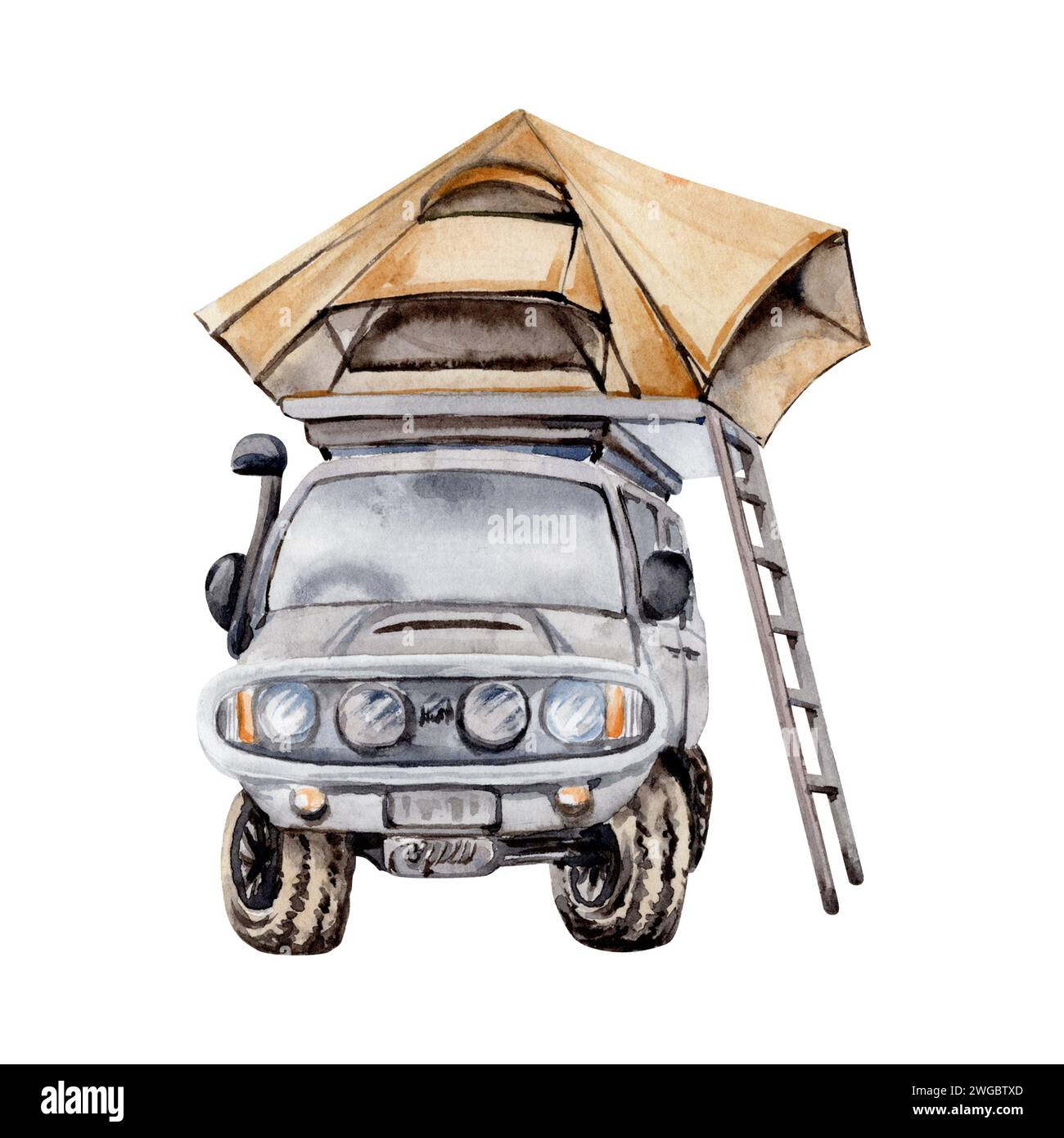 Off road car with roof top tent and ladder. Hand drawn element for ...
