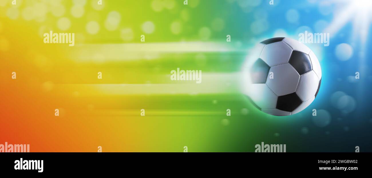Fast football ball on rainbow background, football championship banner ...
