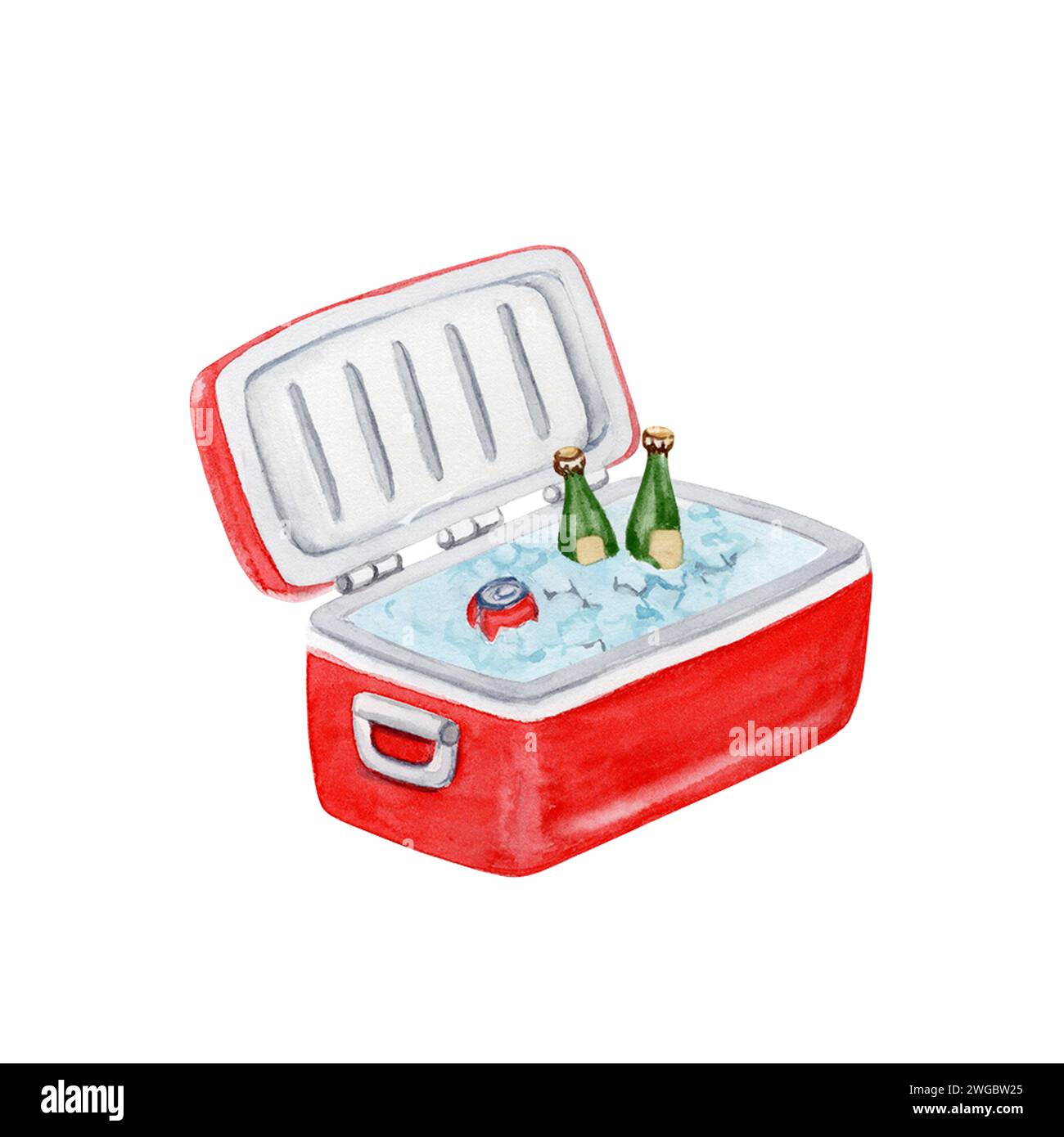 Red open lid cooler box with ice, bottles, drink can inside. Hand drawn ...