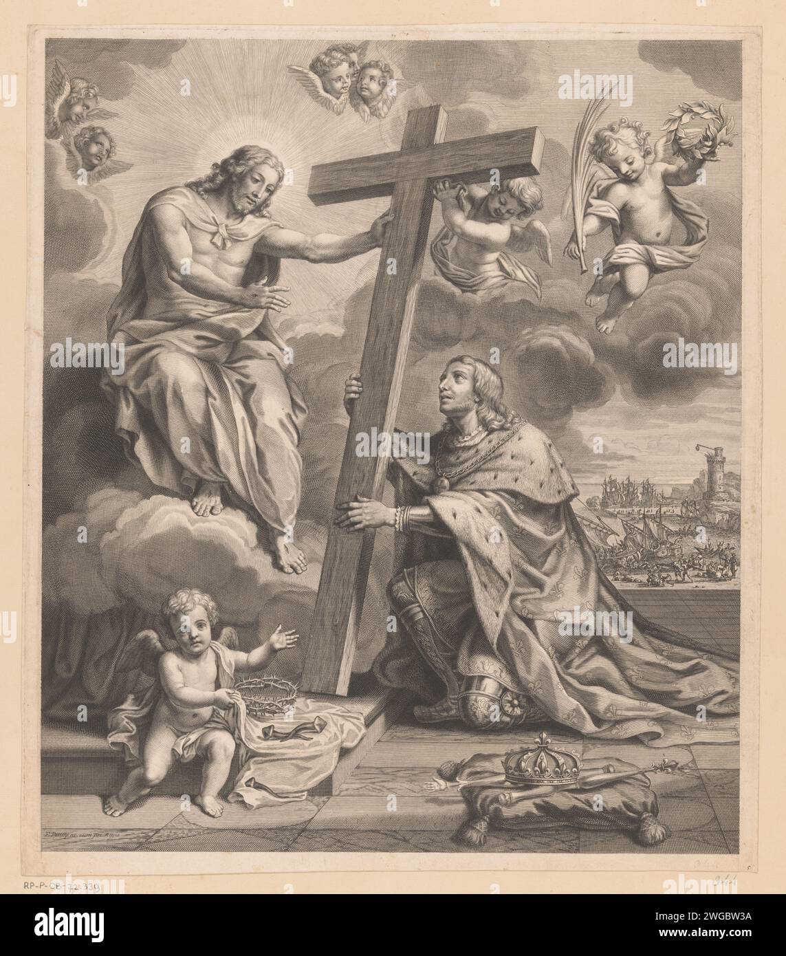 Kneeling King before Christ on a cloud, between them in the cross ...