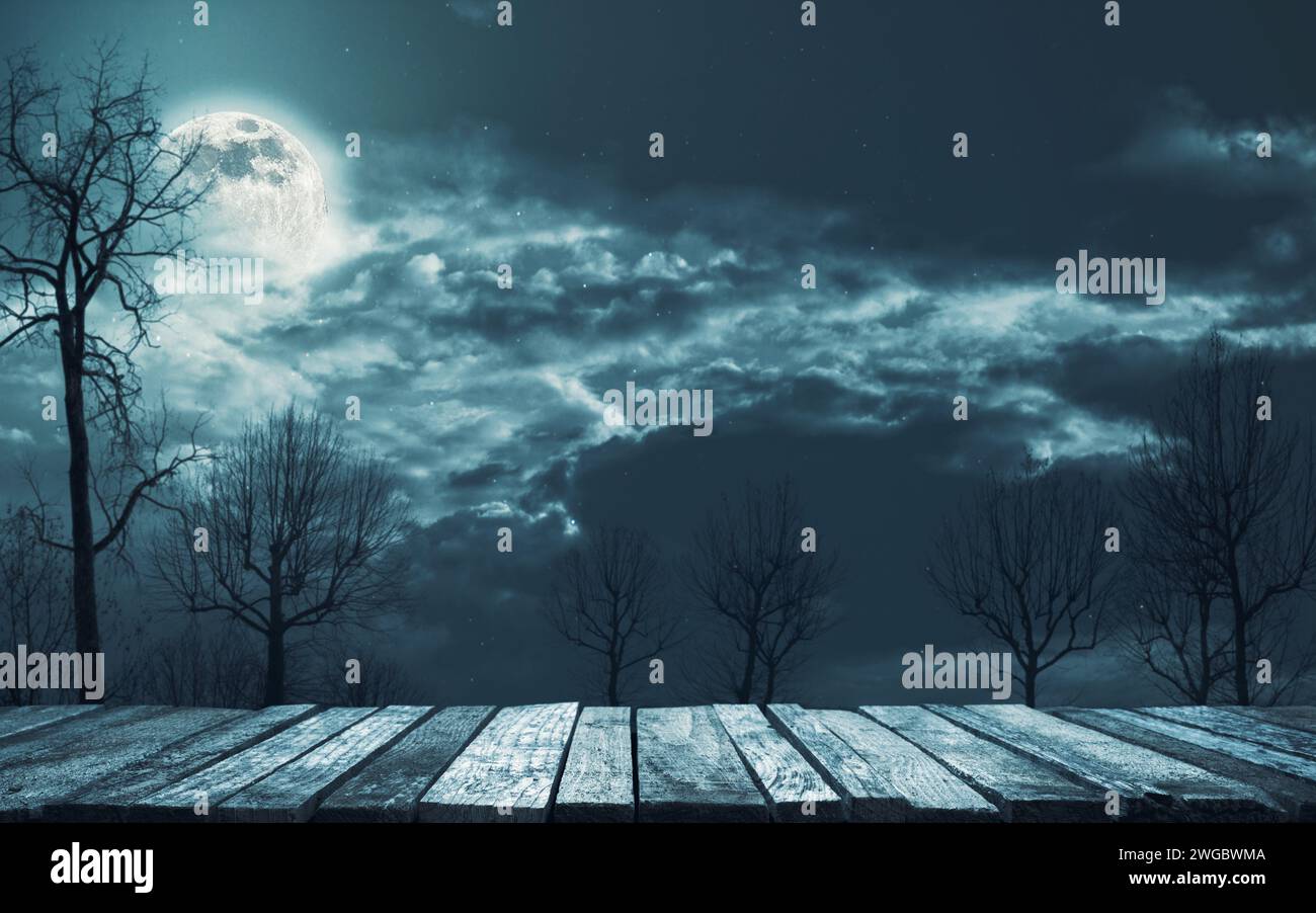 Old rough wooden pier at the lake and moonlit misty spooky forest at ...