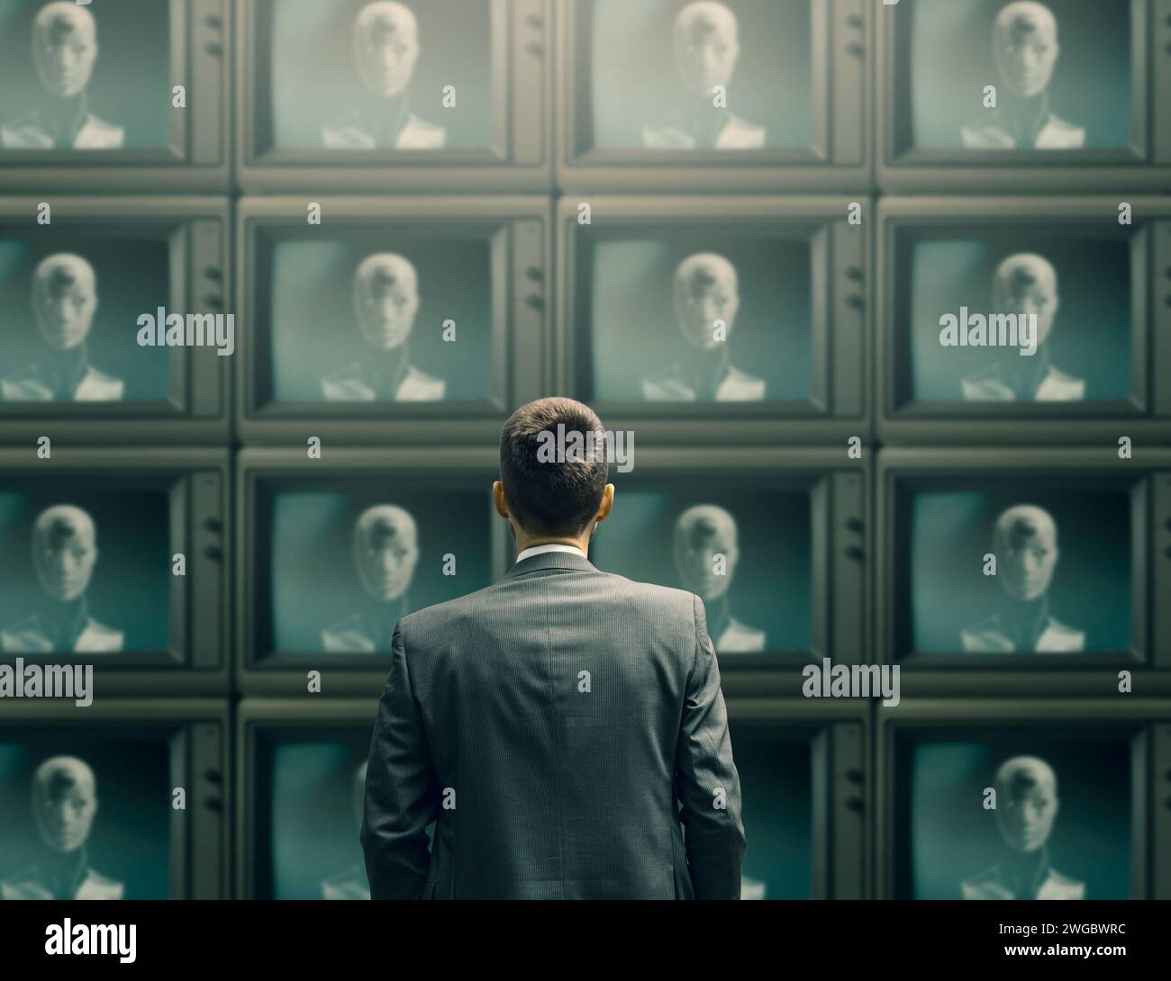 Humanoid AI robot broadcast on all TV channels and man staring at the ...