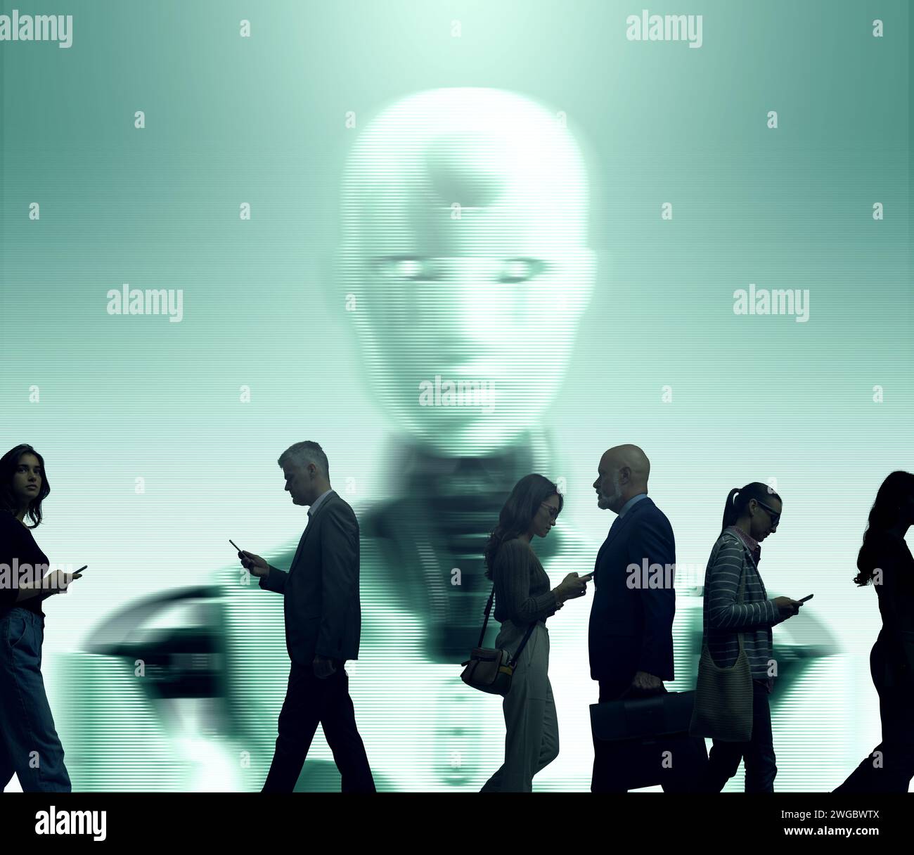 Huge AI robot on screen and crowd of distracted people walking Stock ...