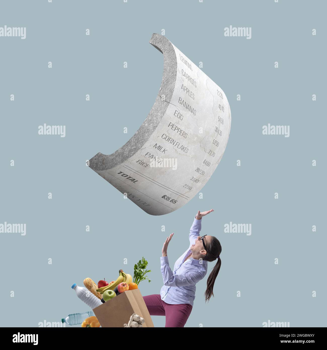 Huge heavy grocery receipt falling on a shocked terrified consumer, she ...