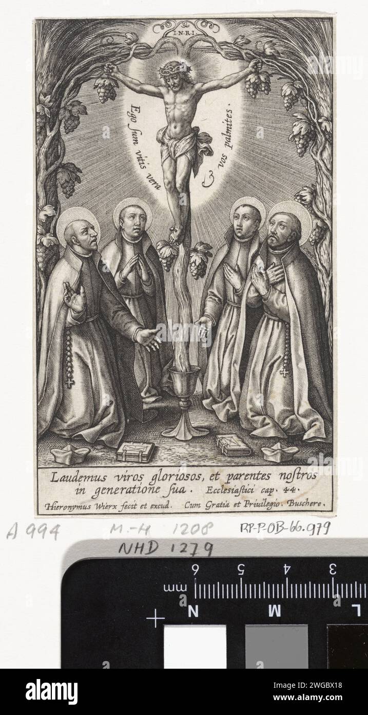 Christ on the cross, worshiped by four Jesuits, Hieronymus Wierix, 1563 - Before 1619 print ...