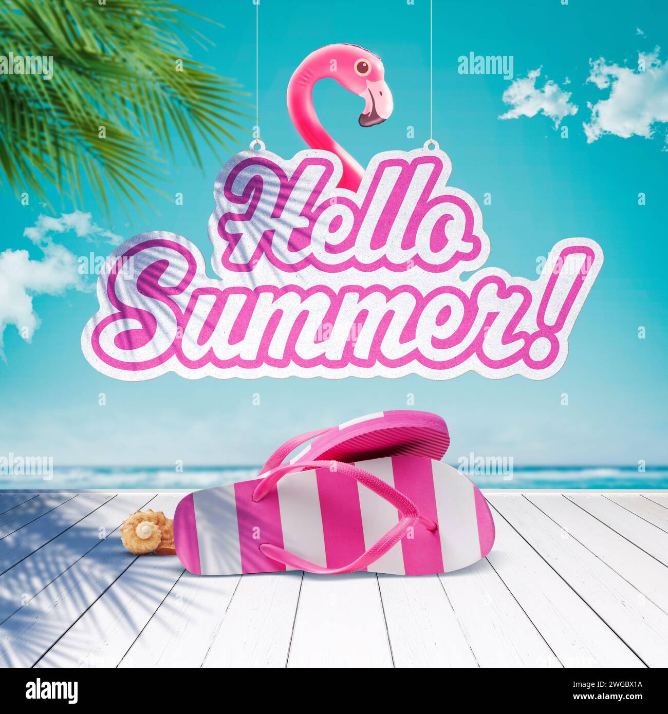 Hello Summer sign, inflatable flamingo and flip-flops on the wooden ...