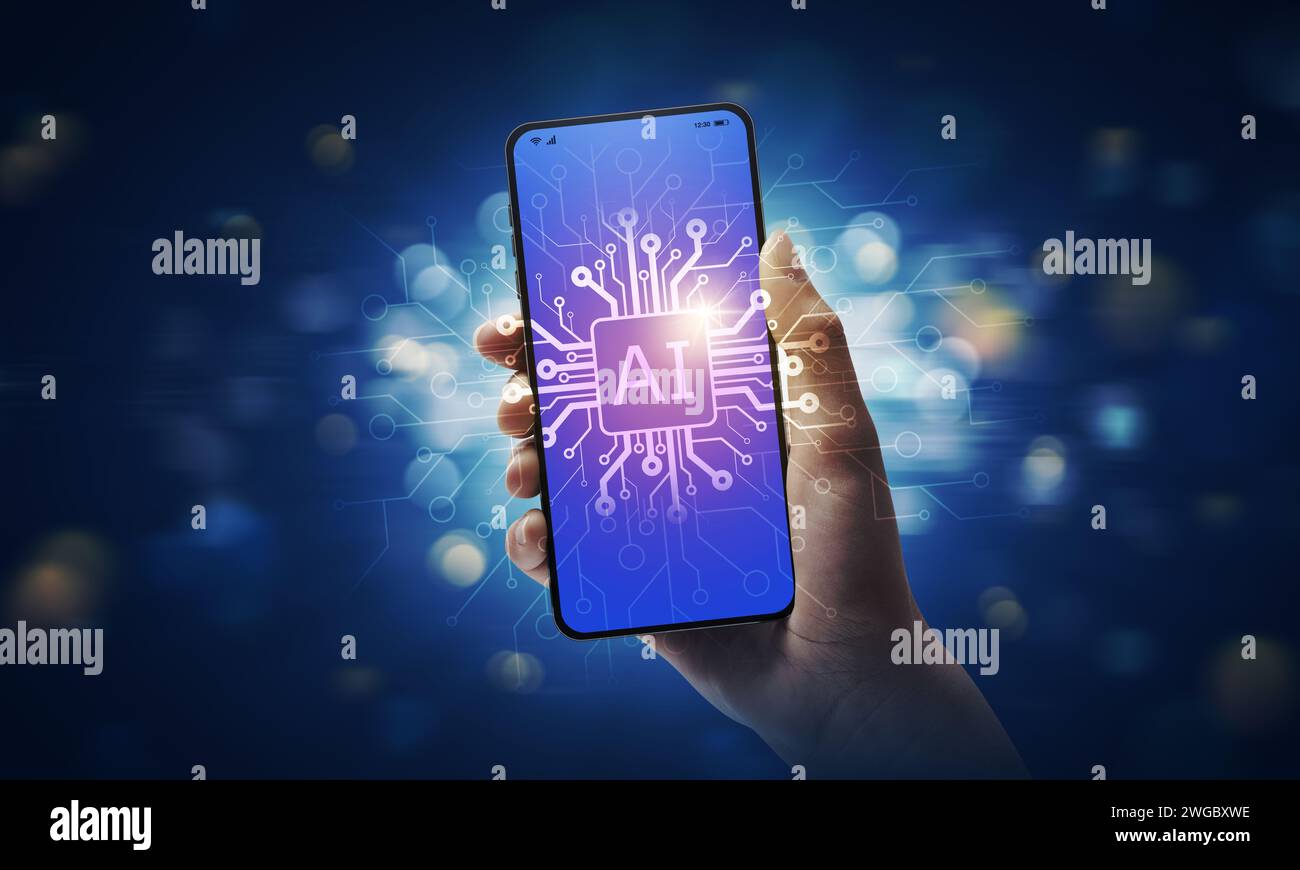 User holding a smartphone and AI chip on the screen: Artificial ...