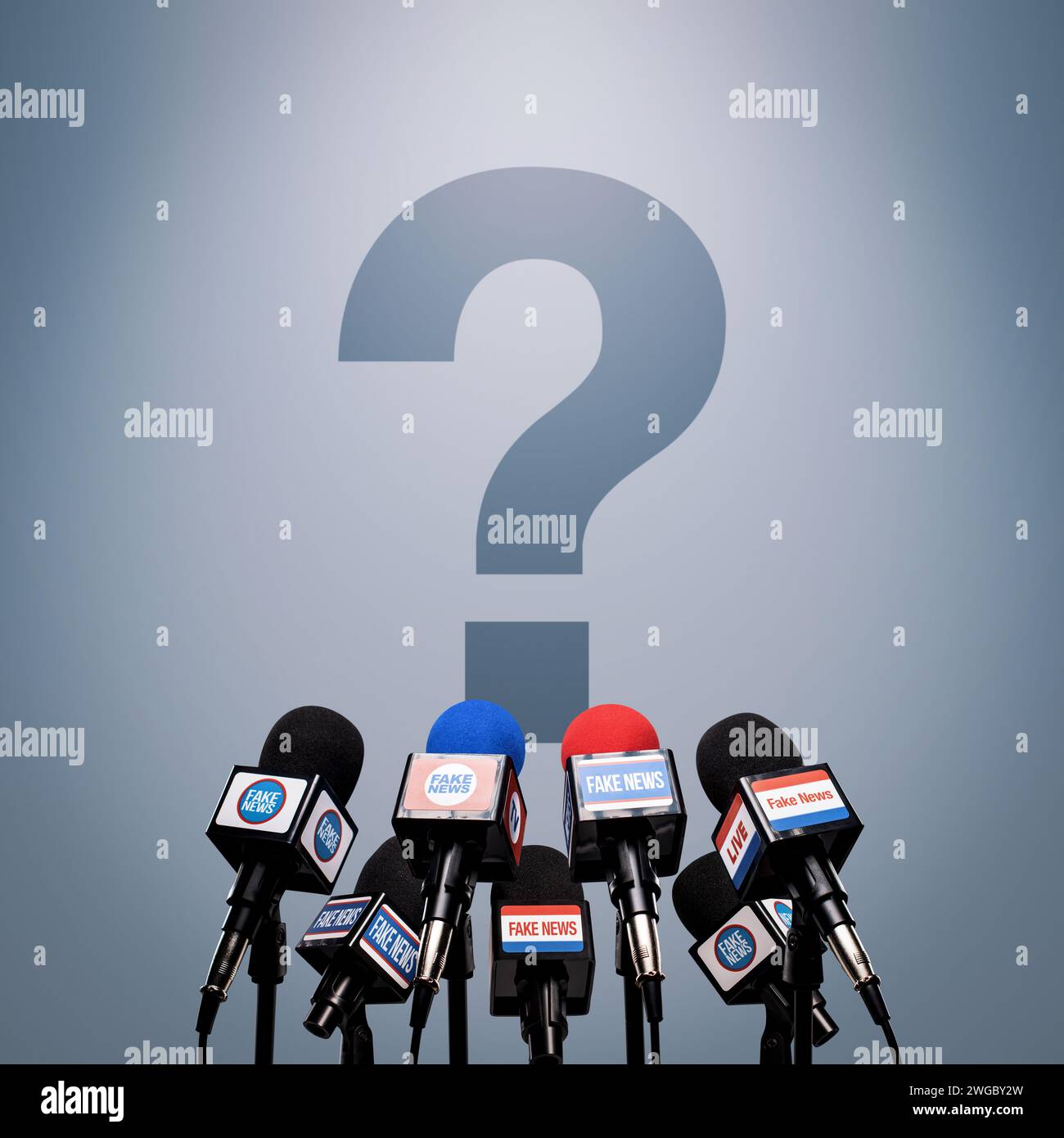 Microphones prepared for the press conference and mic flags displaying ...