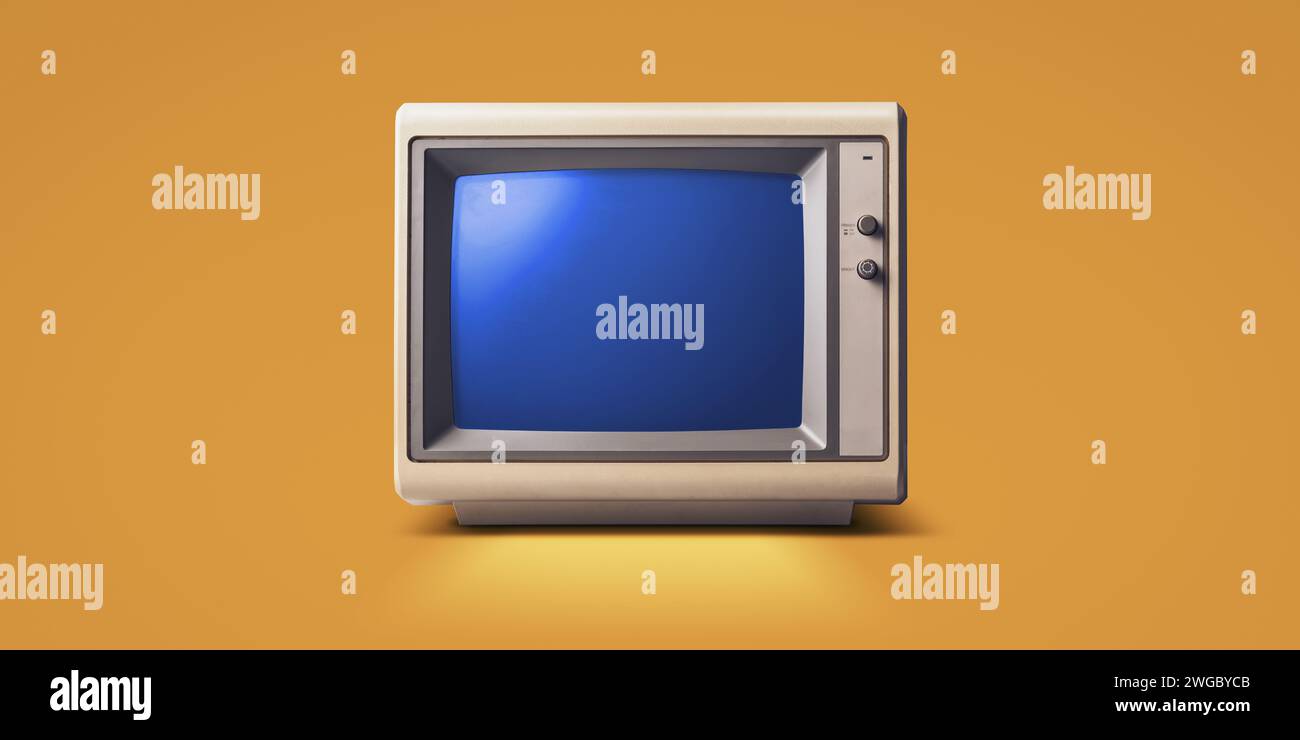 Old computer monitor with blue screen, vintage technology concept Stock ...