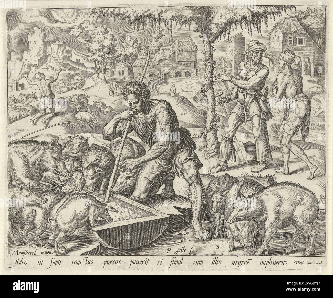 The Lost Son as a pork keeper, Philips Galle, After Maarten van ...