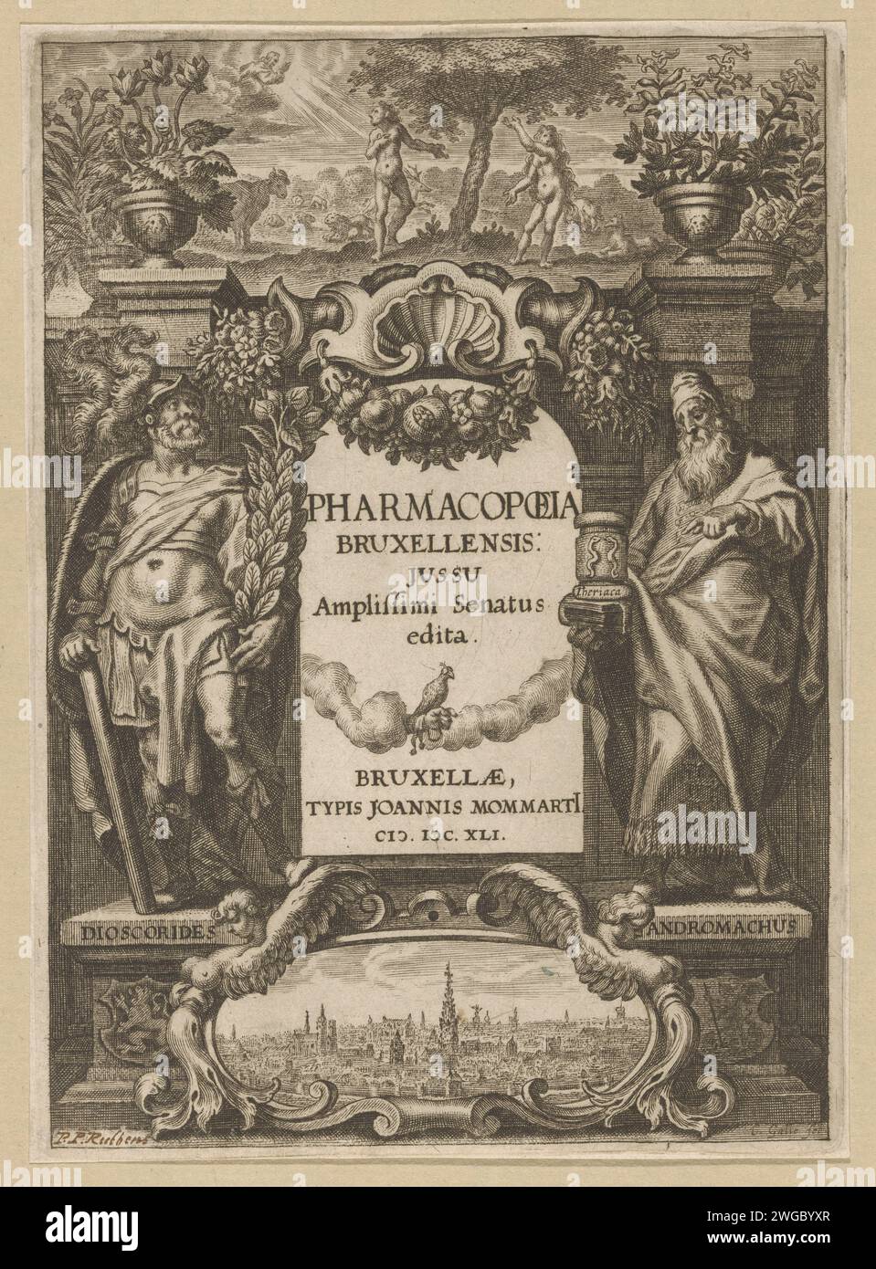 Allegorical title page with the fall and two antique Greek doctors ...