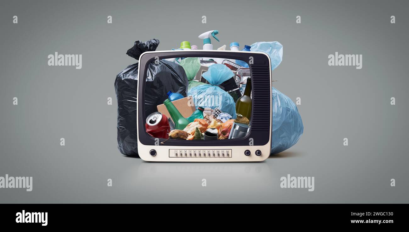 Garbage inside a vintage TV screen: trash and bad TV shows concept ...