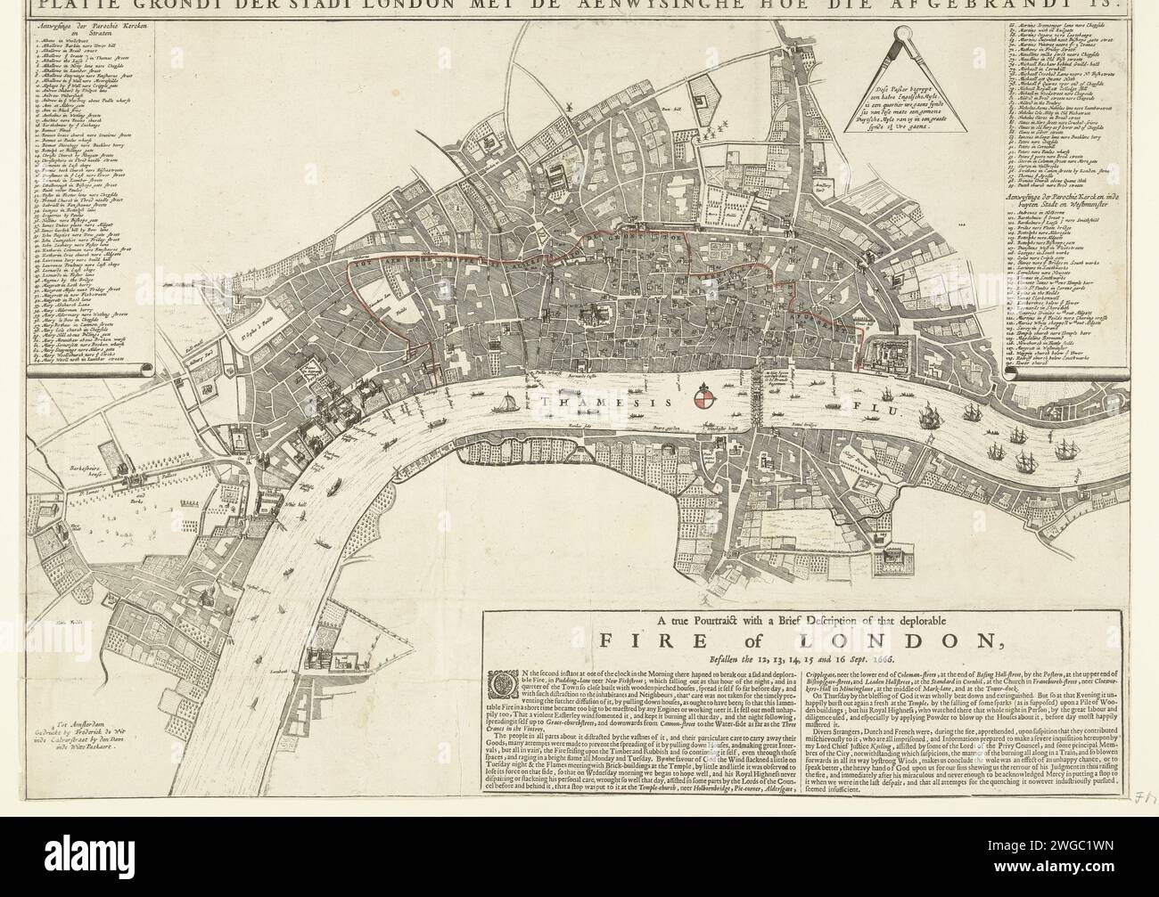 Map of London after the big fire of 1666, 1666 print Map of London on ...