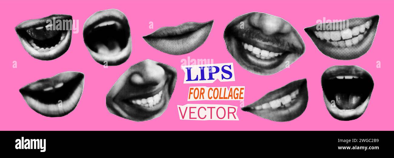 Human lips and mouths halftone collage elements vector illustration ...