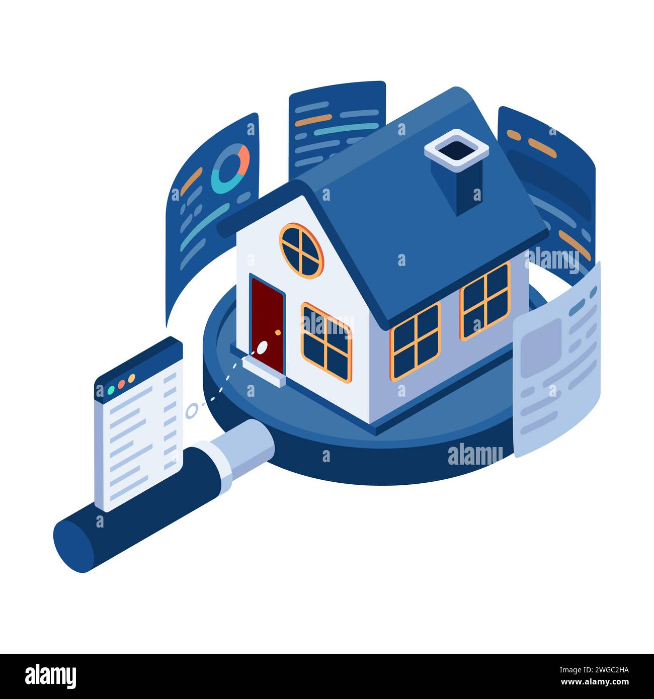 Flat 3d Isometric House On Magnifying Glass With Data Analysis Real Estate Investment Concept
