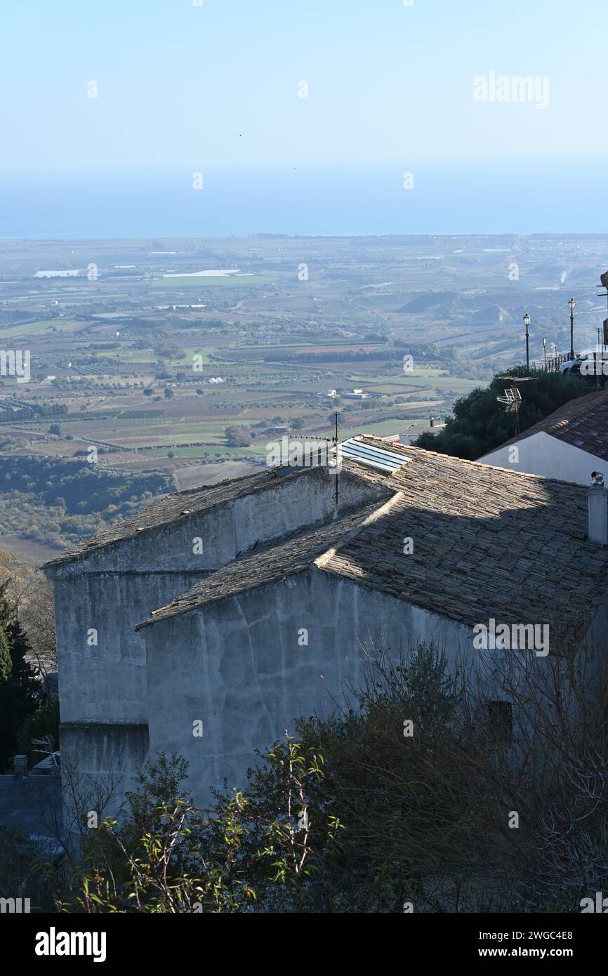 Traditional tiles pitch roofs in the small town of Rotondella in ...