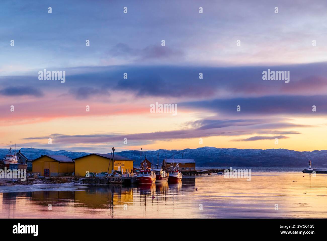 Europe, Finland, Lapland, Harbour, Varangerfjord, Sunset at Annijoki ...