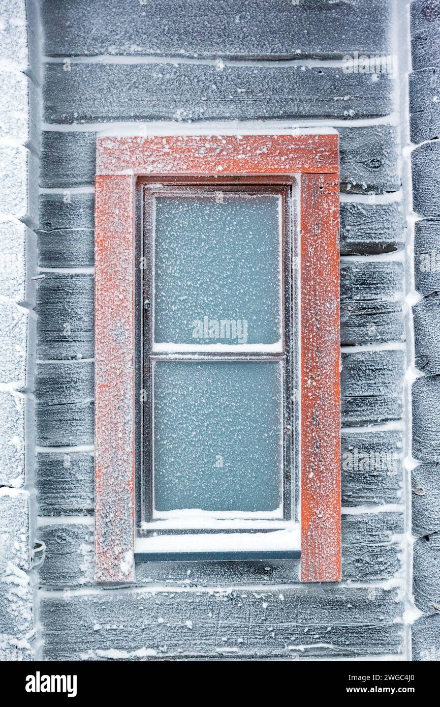 Europe, Finland, Lapland, frozen wooden house, ice window Stock Photo ...