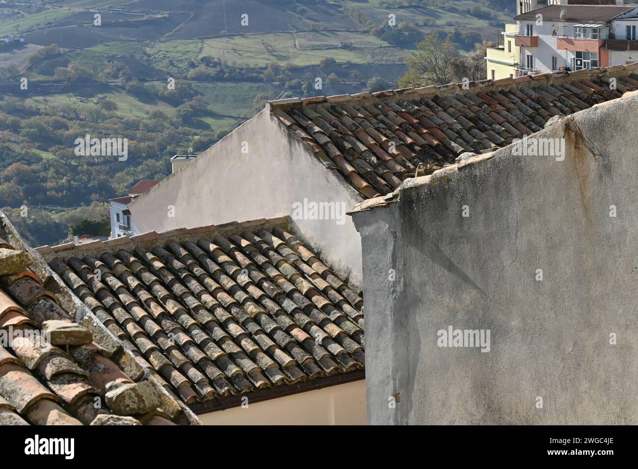 Traditional tiles pitch roofs in the small town of Rotondella in ...
