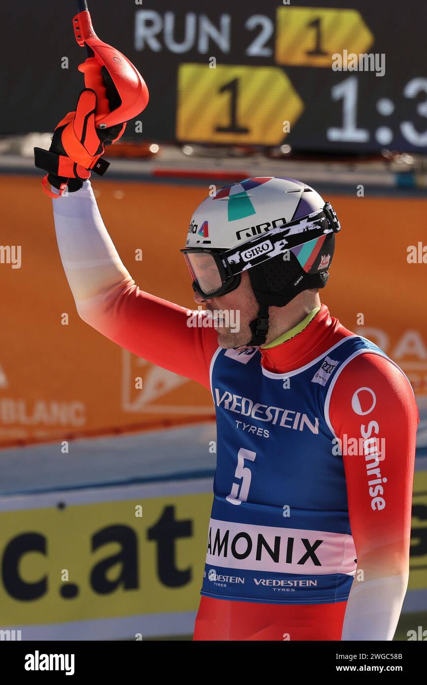 Switzerland's Daniel Yule celebrates at the finish area of an alpine ...