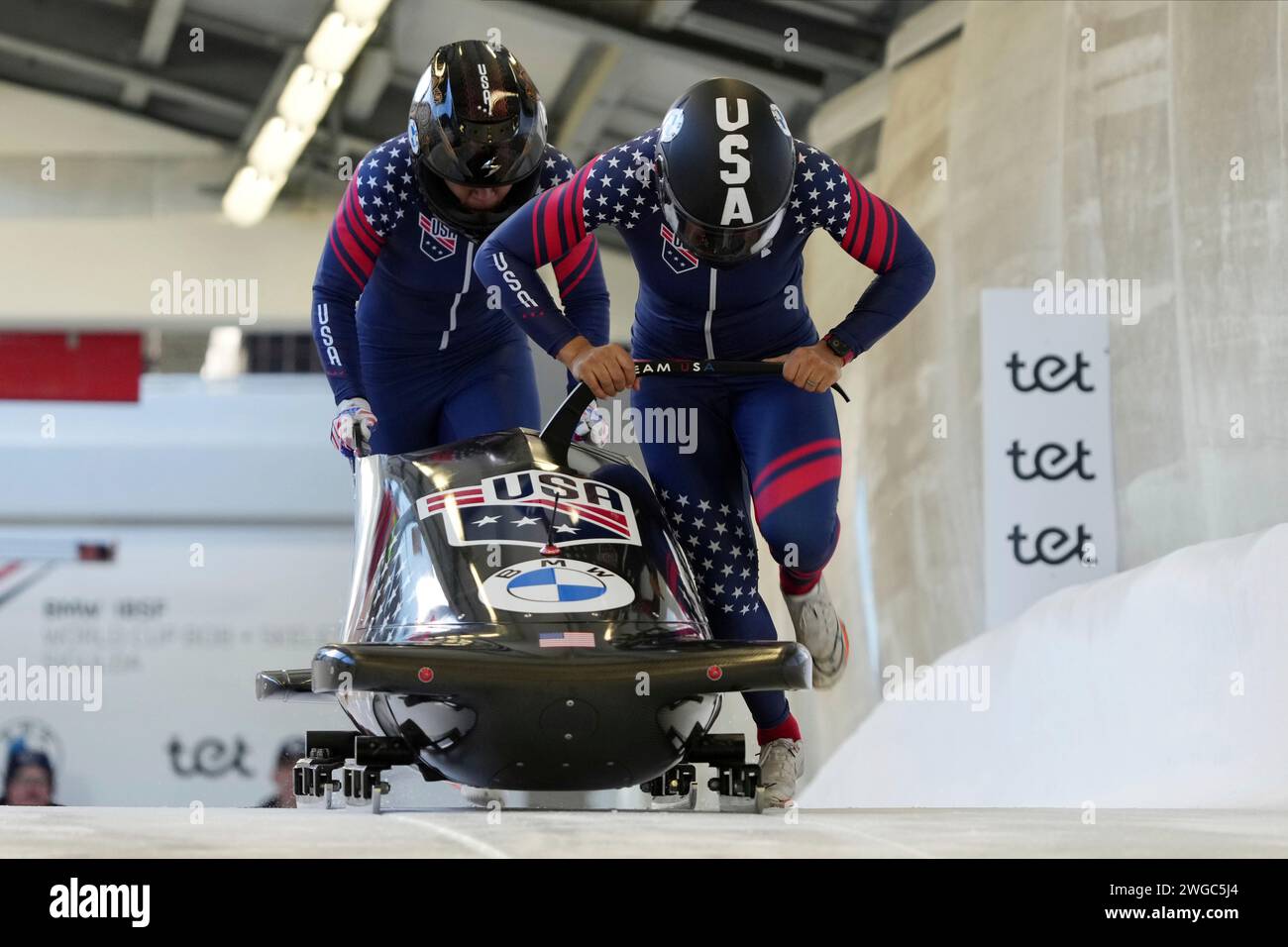 Elana Meyers Taylor and Azaria Hill of USA start their first run of the ...