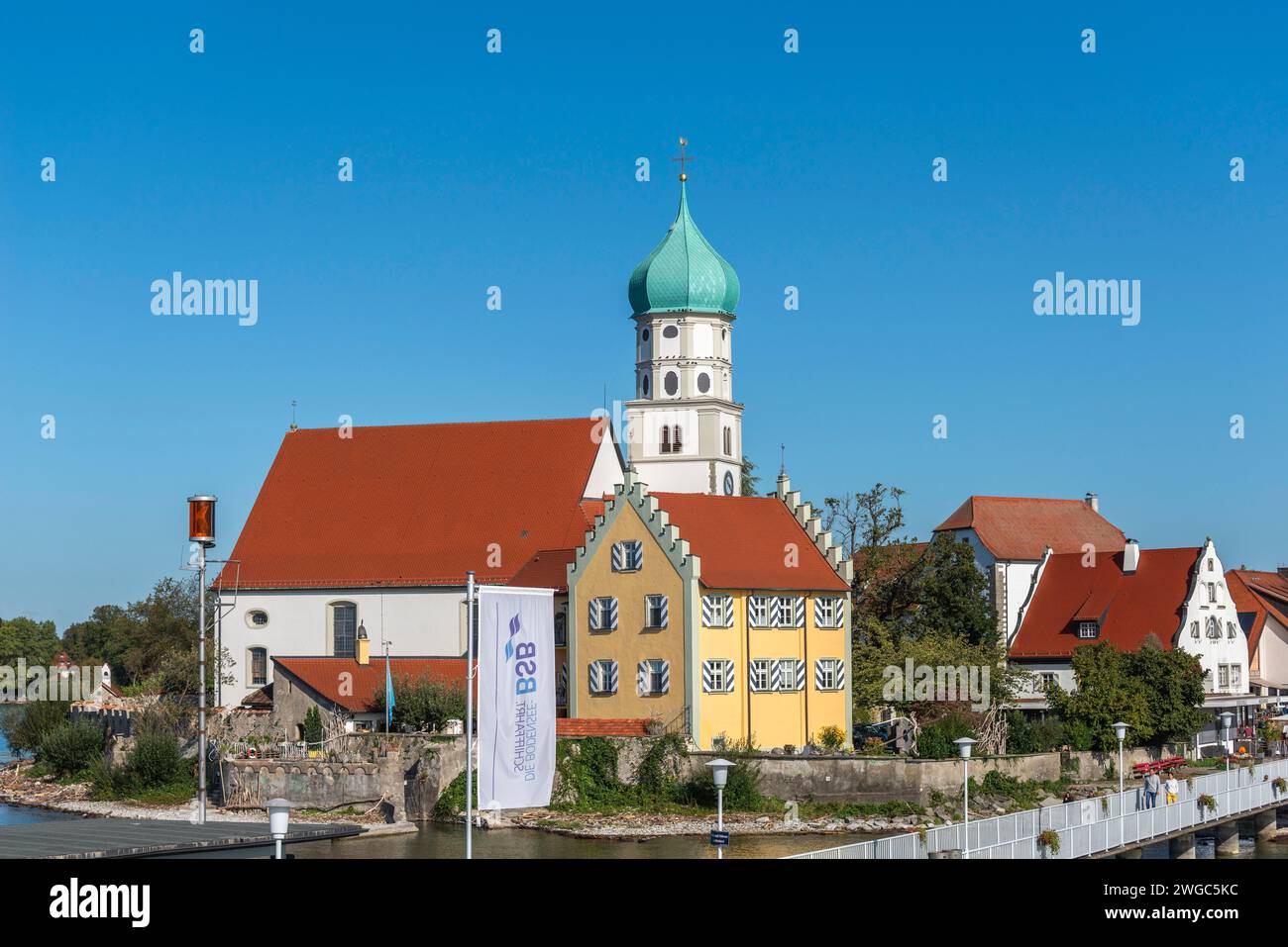 Moated castle, Lake Constance, parish church of St George, onion dome ...