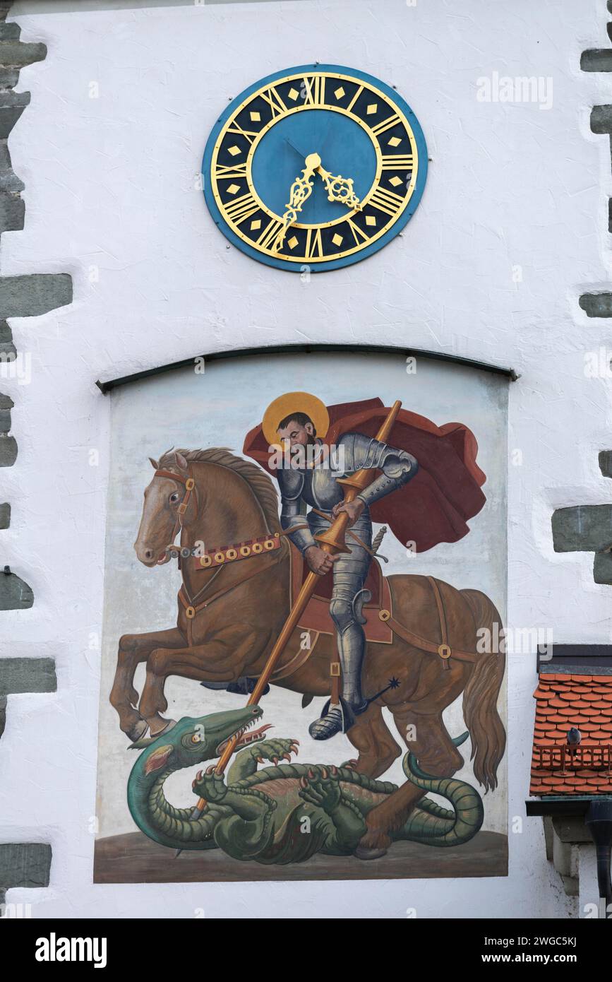 Moated castle, Lake Constance, parish church of St George, church tower ...