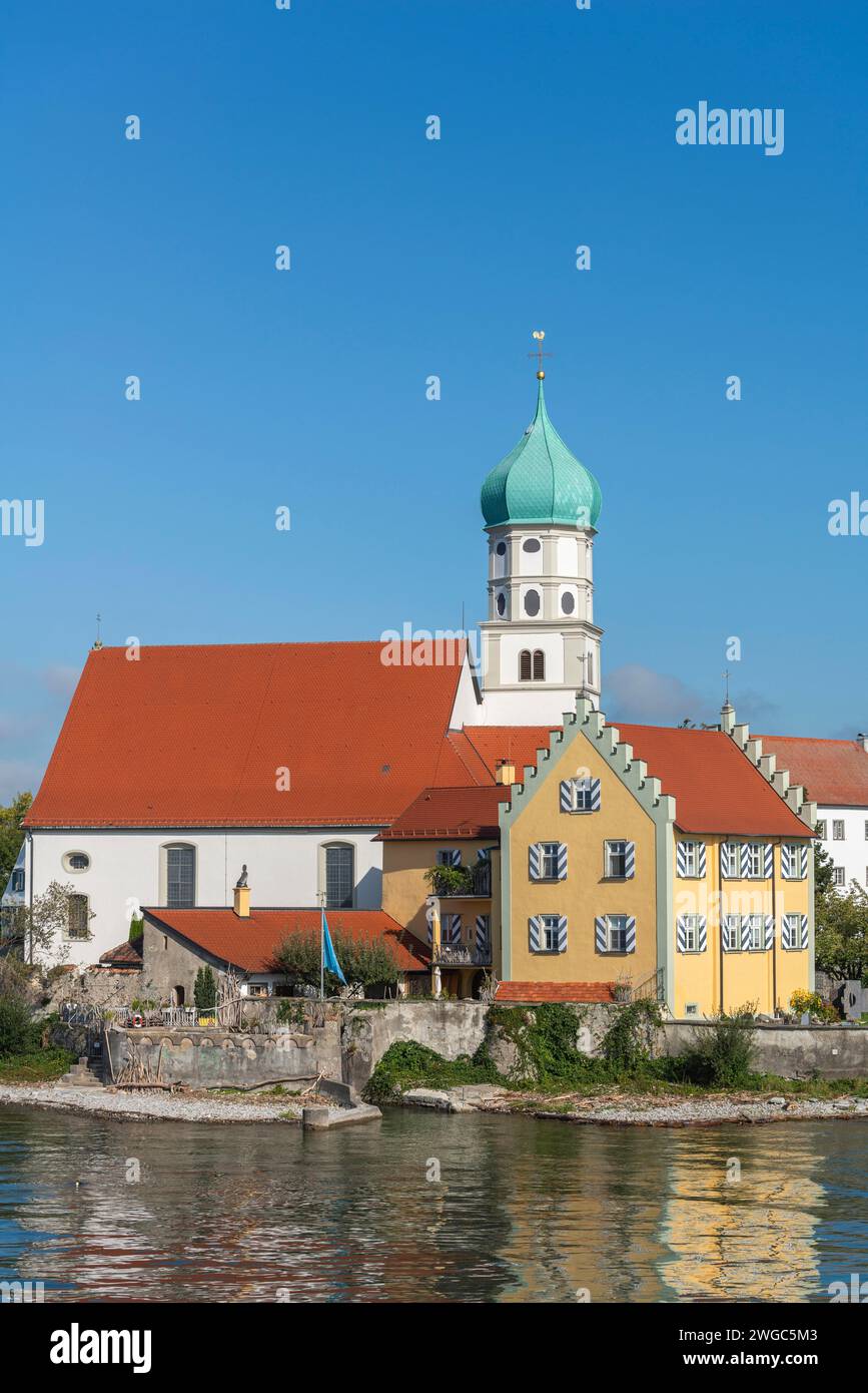 Moated castle, Lake Constance, parish church of St. George, onion dome ...