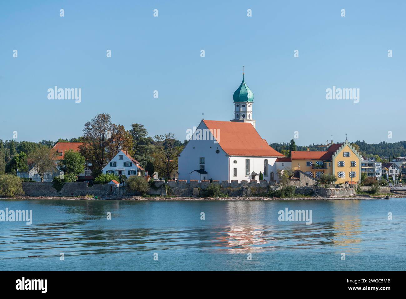 Moated castle, Lake Constance, parish church of St. George, onion dome ...