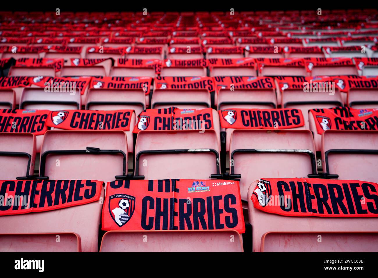 A view of seats covered in complimentary banners before the Premier ...