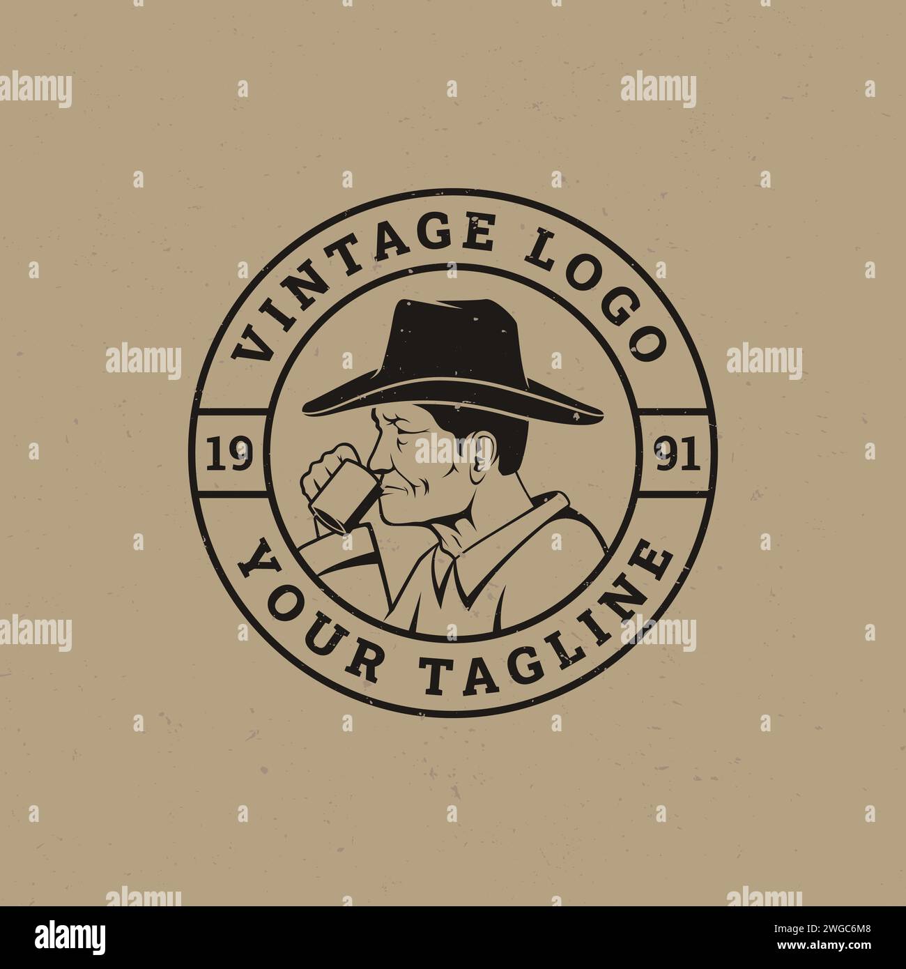 old man logo concept with hat drinking water in vintage retro art style ...