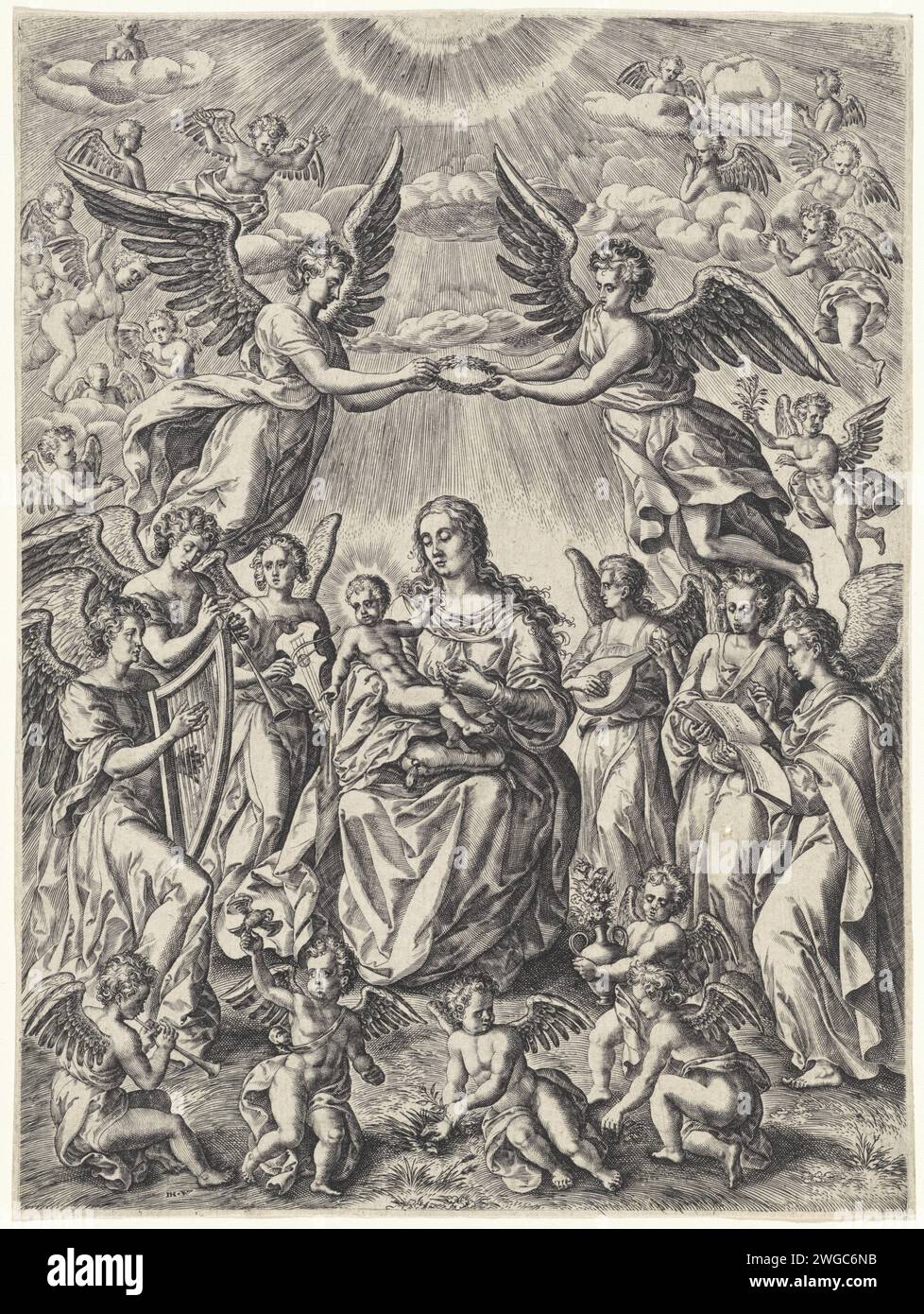 Mary with the Christ child, surrounded by a crowd of angels, Johannes Wierix, after Chrispijn ...